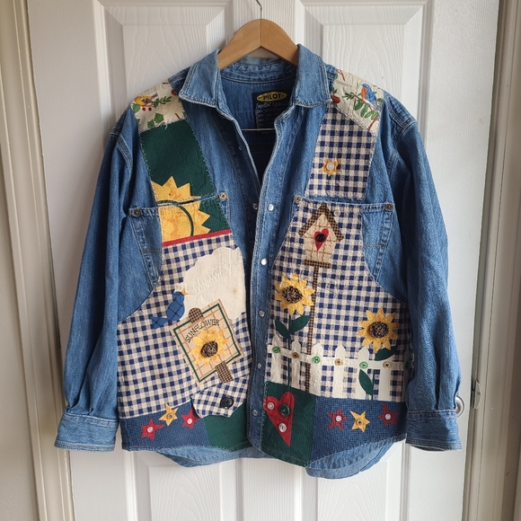 Blue Pilot | Jackets & Coats | Vintage Blue Pilot Patchwork Sunflower ...